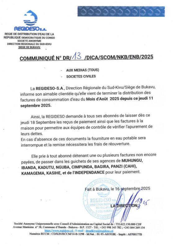 Bukavu : Recouvrement forcé des factures de la Regideso à dater du ...